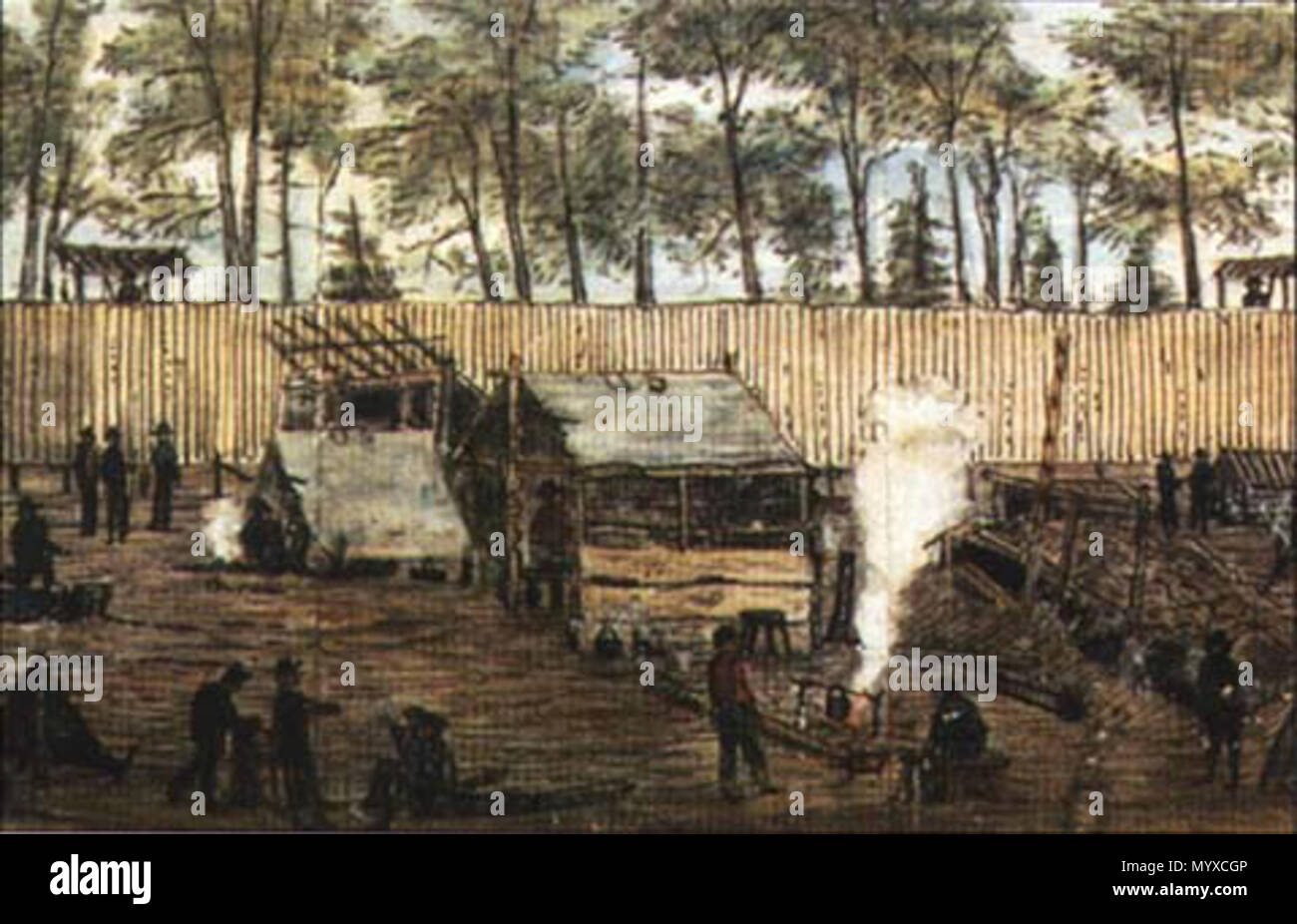 . Andersonville Prison. Drawing by Robert Knox Sneden made while a prisoner, with watercolors ...