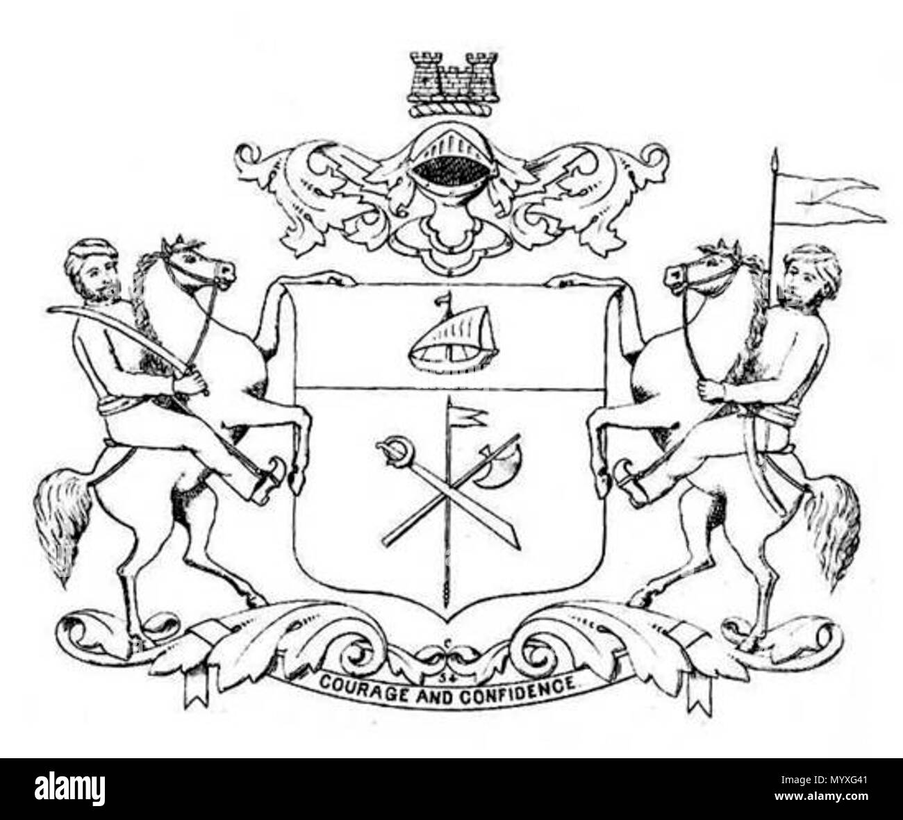 . English: Rao of ... Arms: Gules, over a sword and axe in saltire a ...