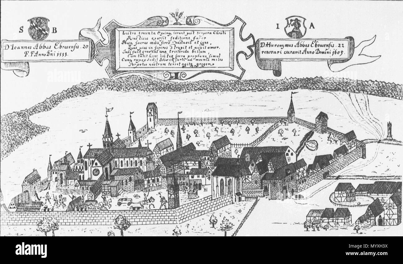 27 Ebrach Zisterzienserabtei nach Gemälde von 1555 (cropped Stock Photo ...