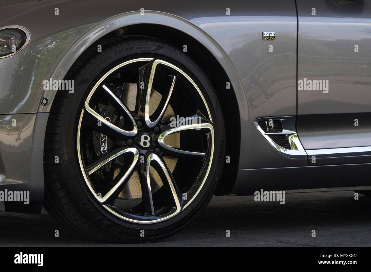 Turin, Italy. 07th June, 2018. Detail of Bentley Continental GT rim and ...