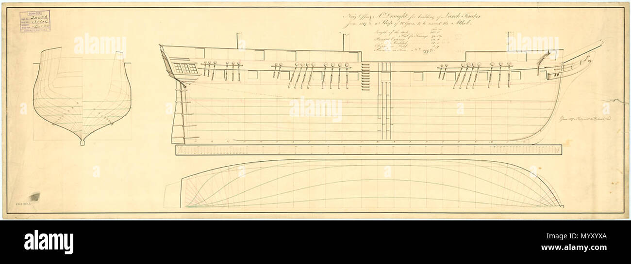 . English: Athol (1820) Scale 1:48. Plan showing the body plan, sheer ...