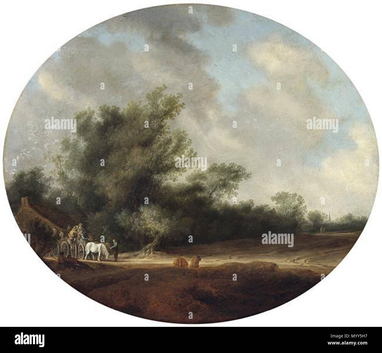 . Nederlands: Landschap met een paard en wagen bij een boerderij. oil on panel. 63 × 74.5 cm (24 ...