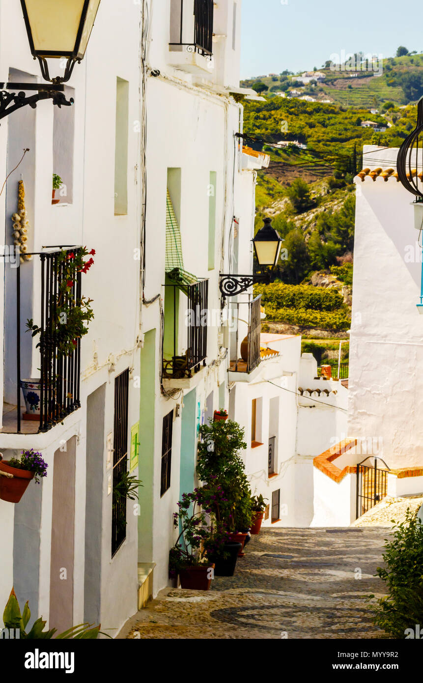 beautiful, picturesque street, narrow road, white facades of buildings ...