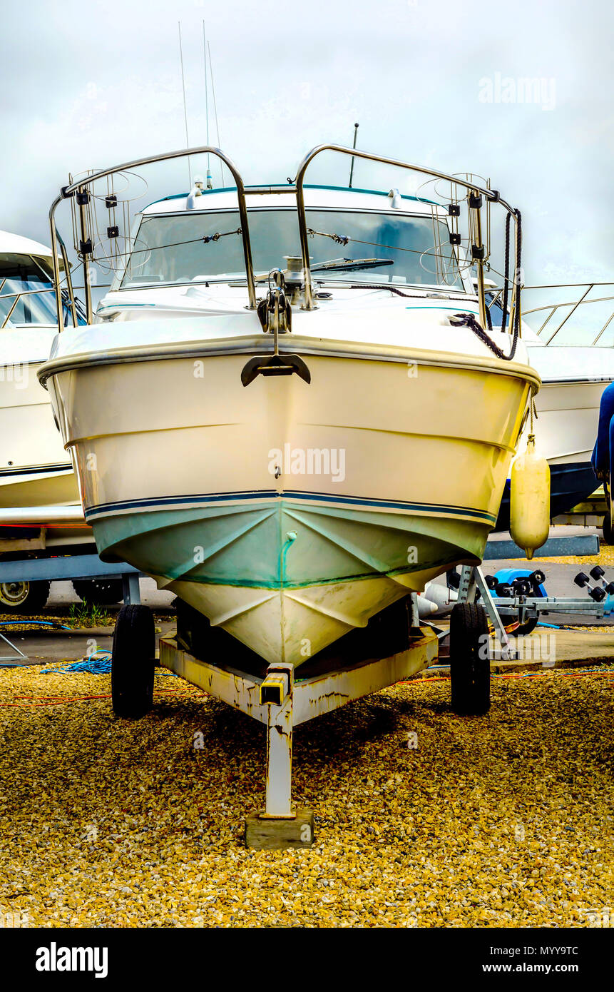 Boat on stand on the shore, close up on the part of the yacht, luxury ...