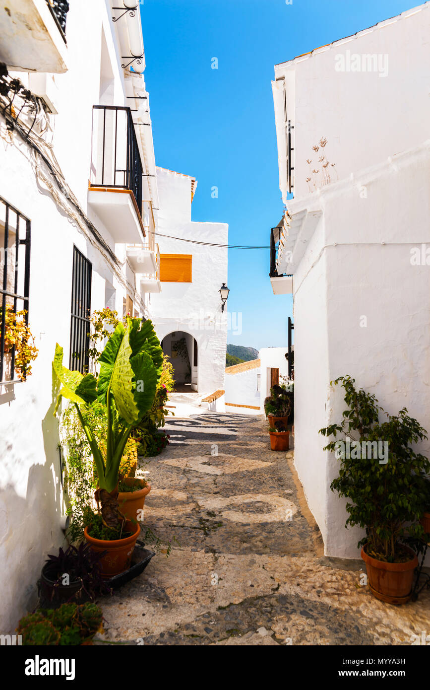 beautiful and picturesque narrow street with white facades of buildings ...
