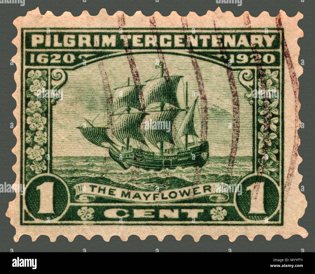 Pilgrim Tercentenary Postage Stamp with Mayflower Stock Photo - Alamy