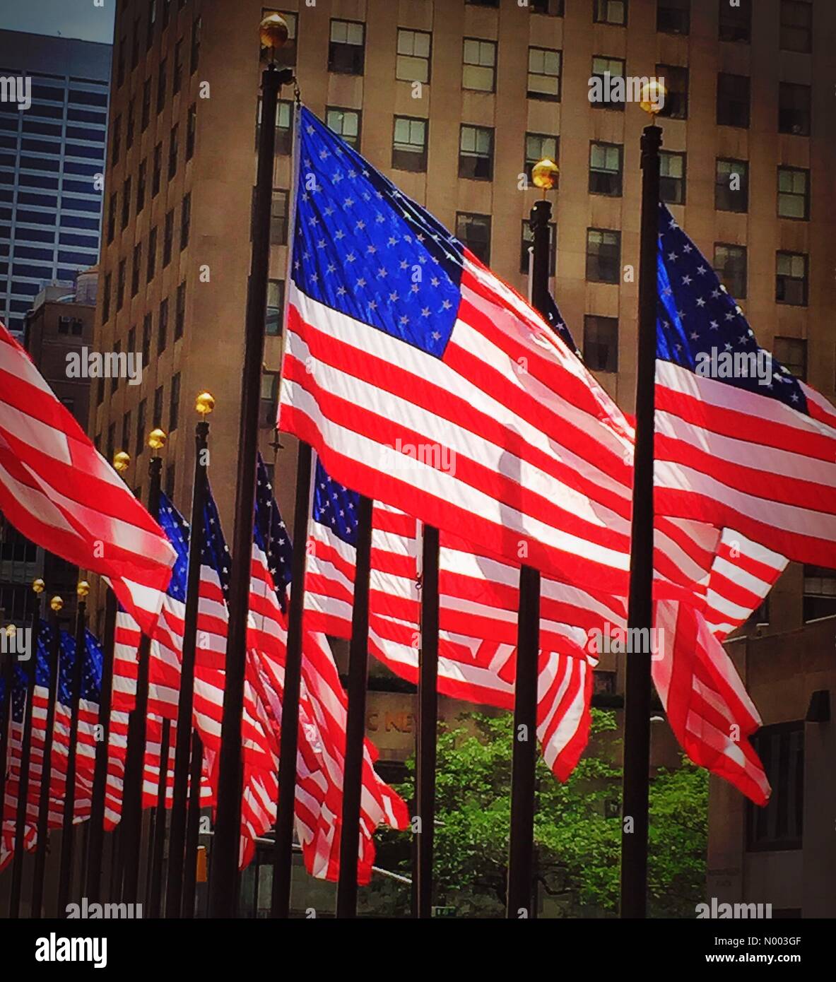 Rockefeller Center flags celebrate Independence Day in NYC Stock Photo ...
