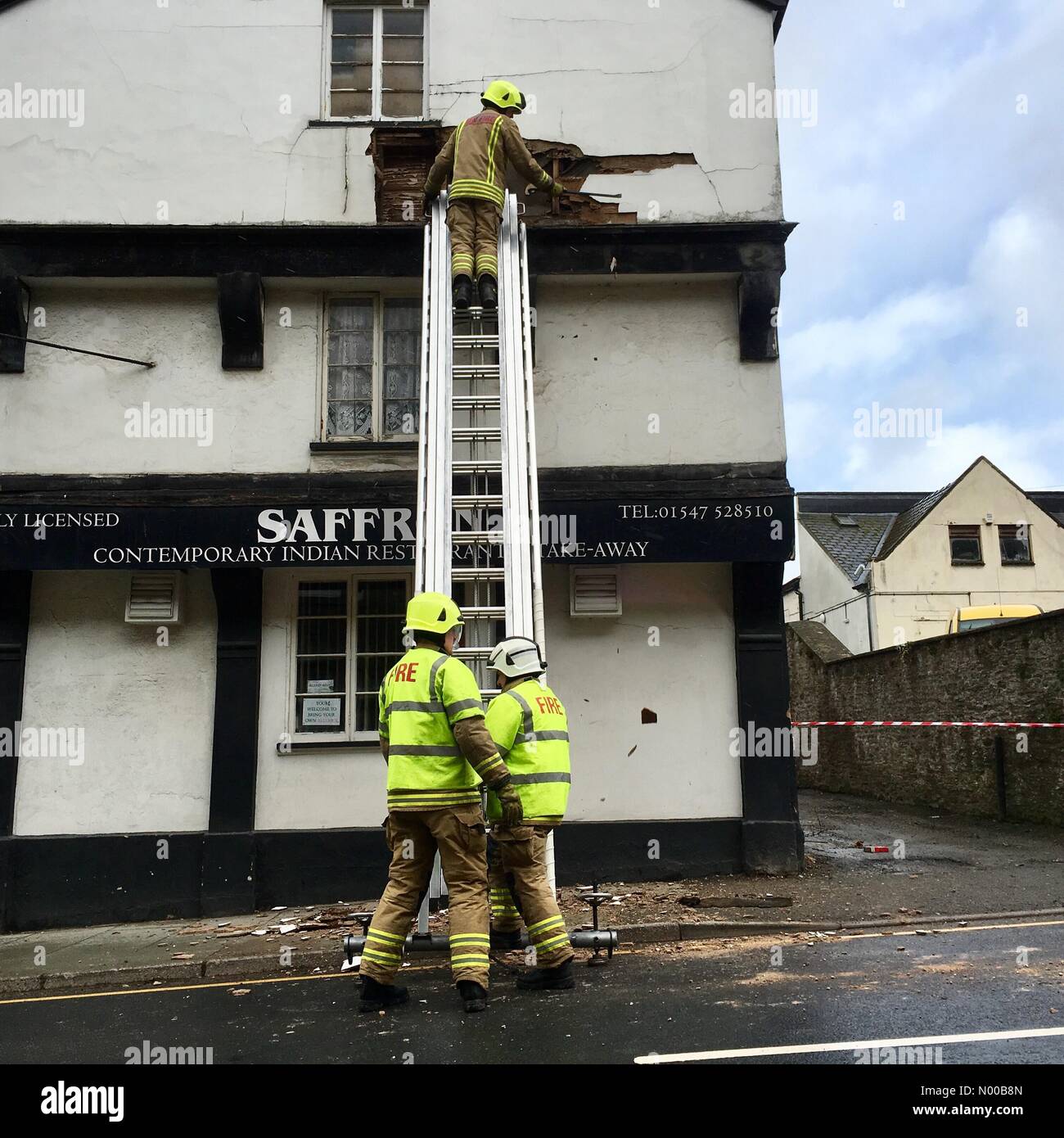 UK Weather - Storm Doris - Knighton Powys Wales fireman make safe ...