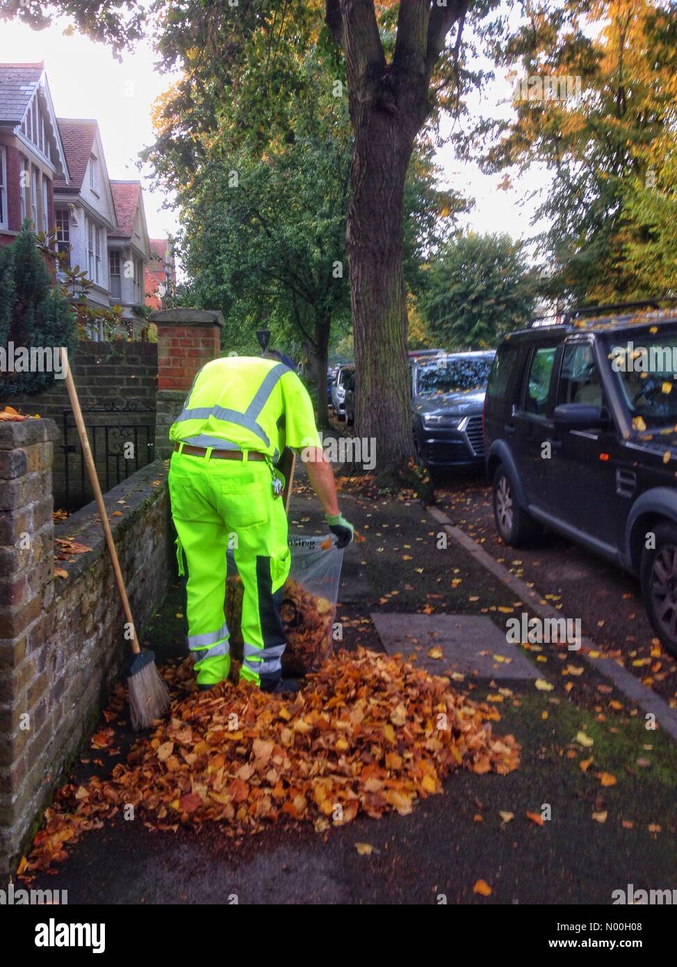 UK Weather: A workman clears up fallen leaves on a warm autumn morning ...