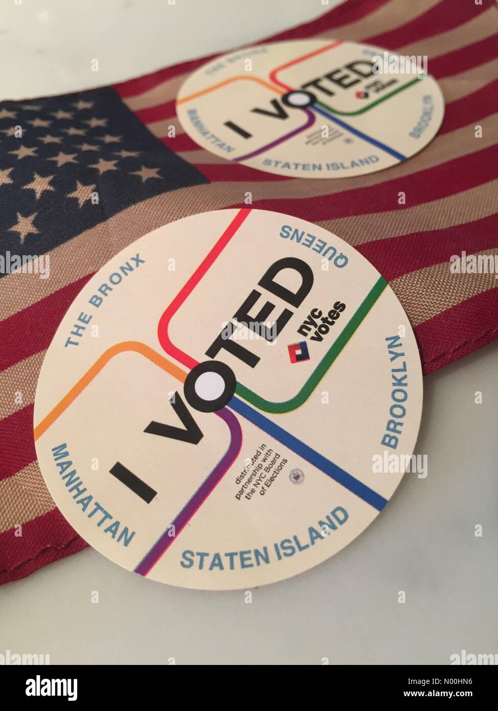 I voted” stickers signifying successful voting on election day 2017 ...