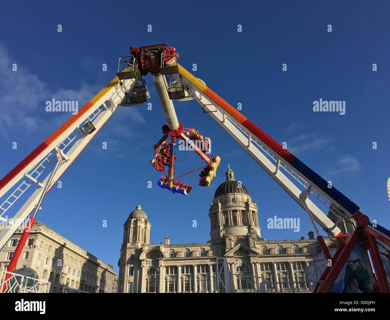 UK Weather: Sunny in Liverpool. Funfair in front of the Three Graces ...