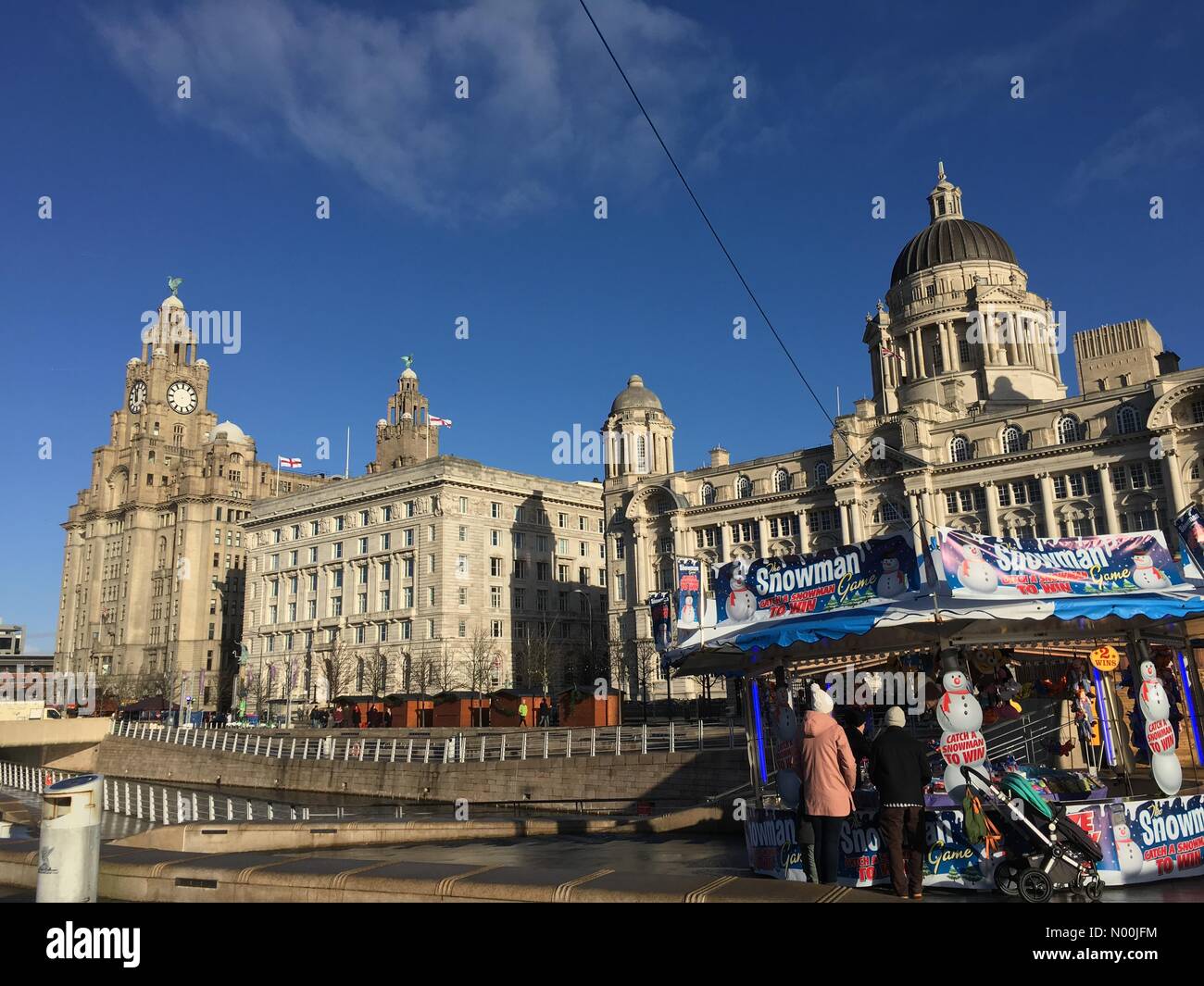 UK Weather: Sunny in Liverpool. Funfair in front of the Three Graces ...