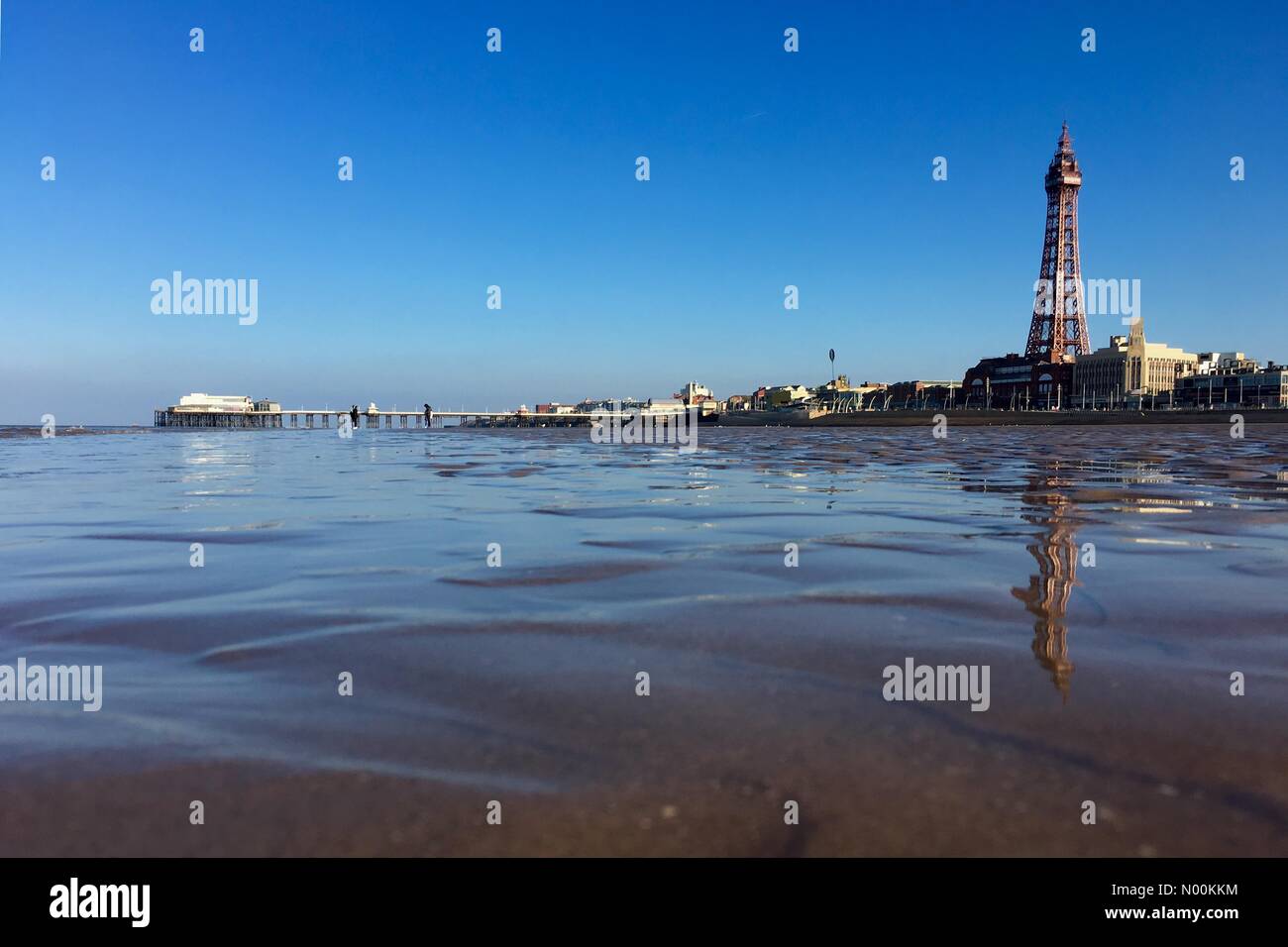 UK Weather: Sunny at Blackpool. Clear blue skies but cold wind on the ...