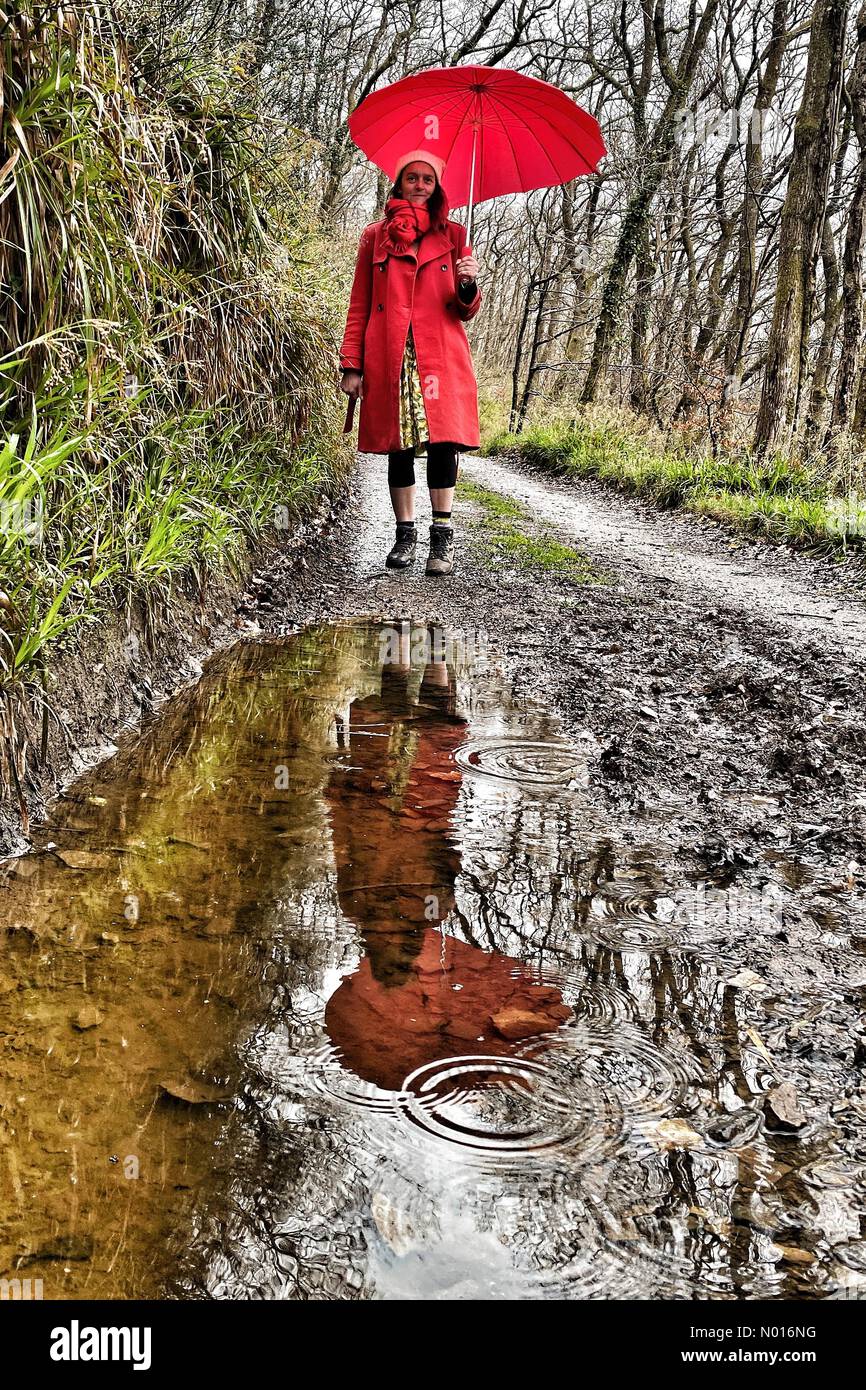 Dunsford Woods, Devon, UK. 08th Apr, 2022. UK Weather: Brollies out for ...