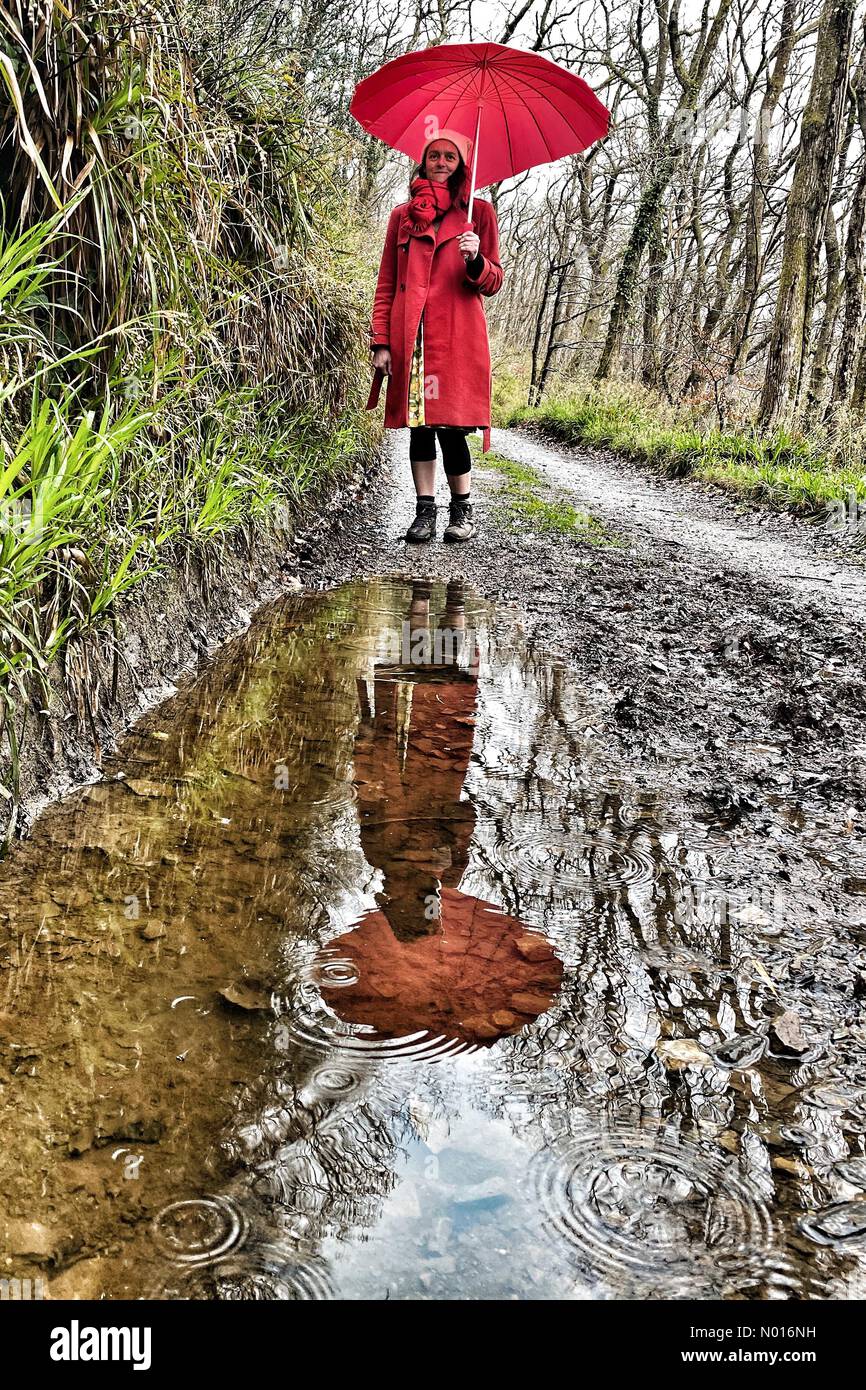 Dunsford Woods, Devon, UK. 08th Apr, 2022. UK Weather: Brollies out for ...
