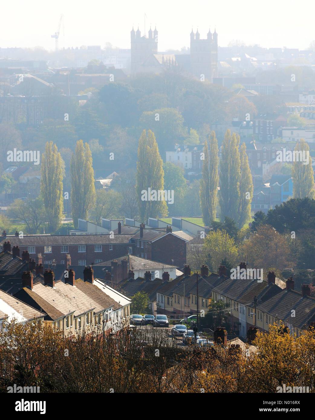 UK Weather: Hazy skyline on a warm day in Exeter, Devon, UK. 20th April ...