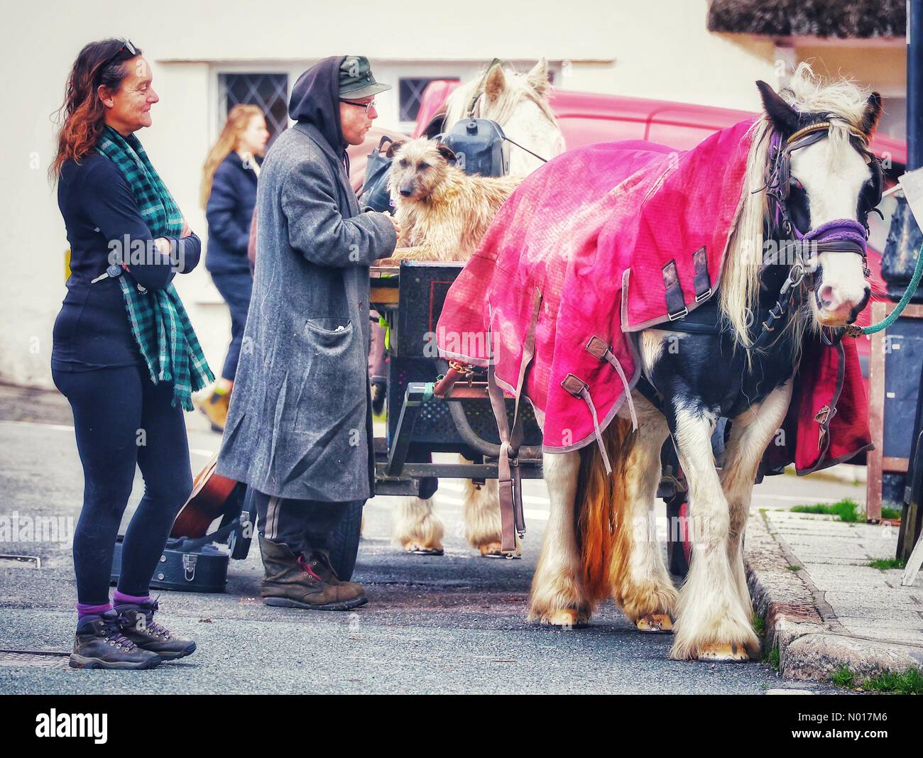 Busker and his entourage of animals in Chagford, Devon, UK. 4 November ...