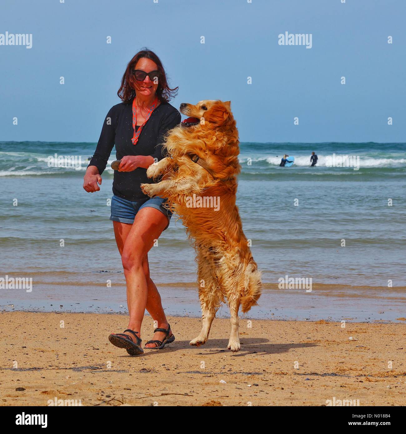 UK Weather: Walking the dog. Raich Keene and Raphael the retriever play ...