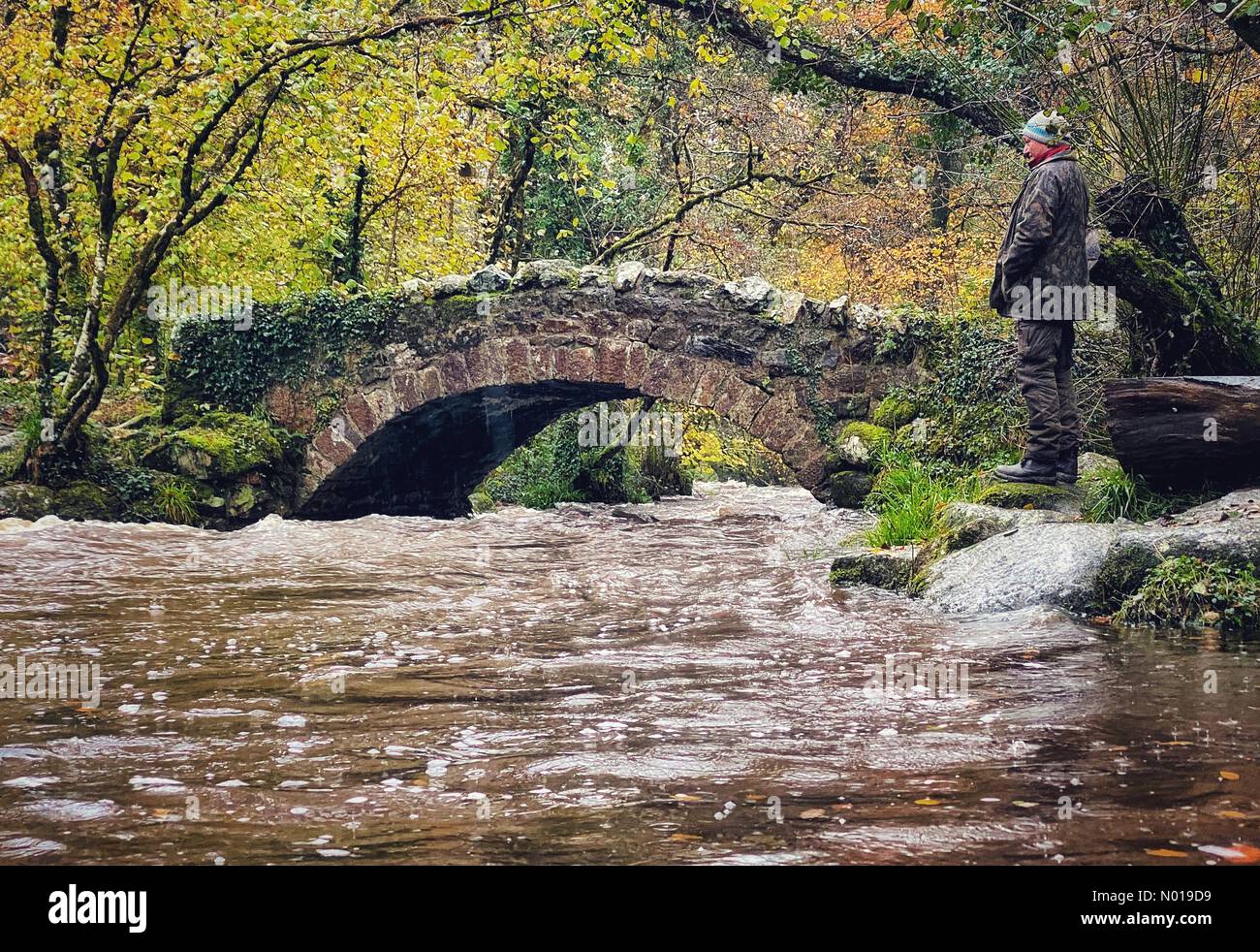 UK Weather: Heavy rain River Bovey in High water at ancient Hisley ...