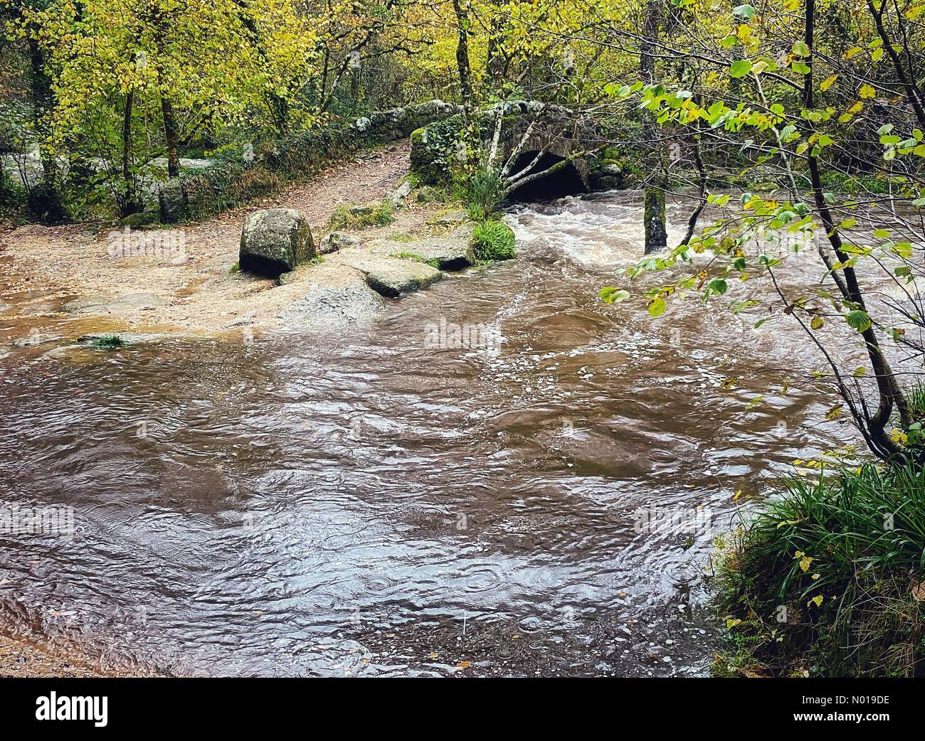 UK Weather: Heavy rain River Bovey in High water at ancient Hisley ...