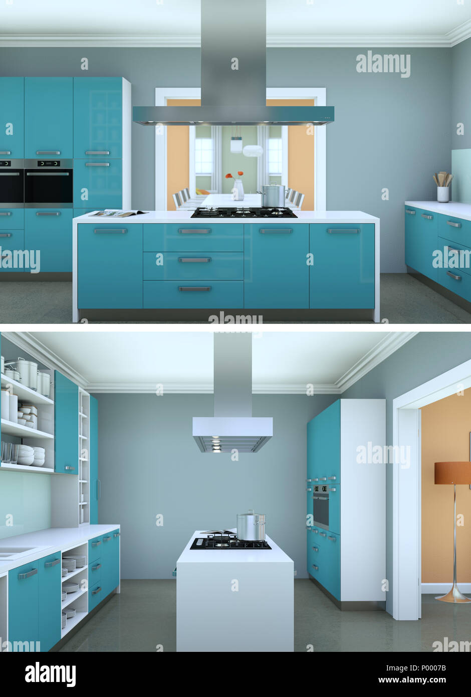 Two views of modern kitchen Interior design Stock Photo - Alamy