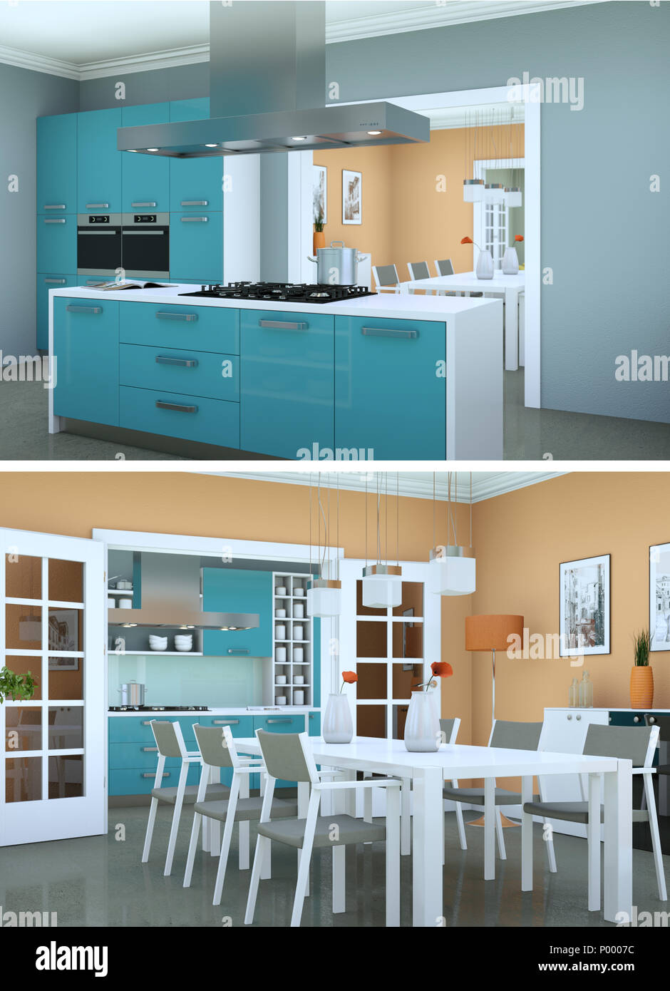 Two views of modern kitchen Interior design Stock Photo - Alamy