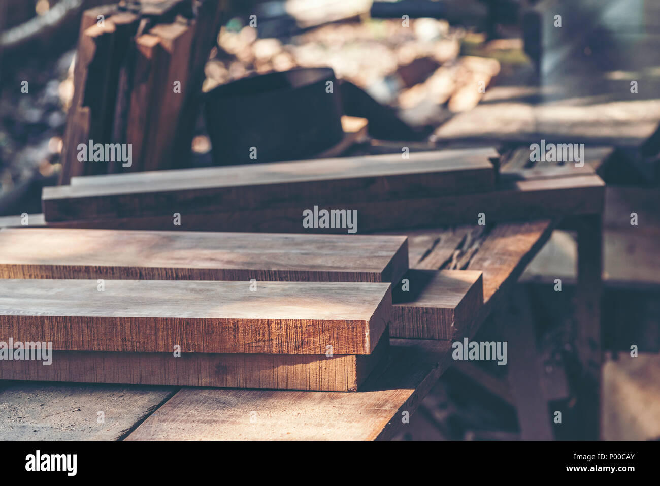 Background image of woodworking workshop: carpenters work table with ...
