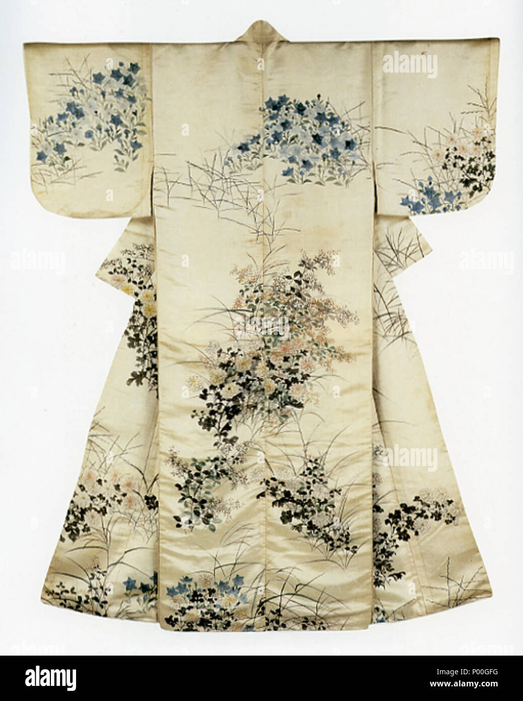 . English: Kosode with autumn grasses design on white nume satin by ...