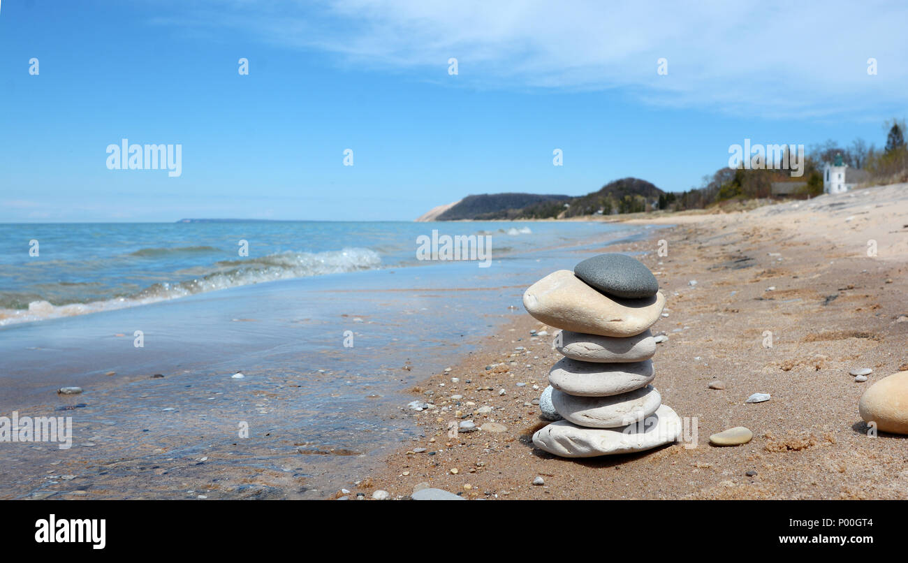 A stack of rocks at Empire Beach on Lake Michigan are pictured with the ...