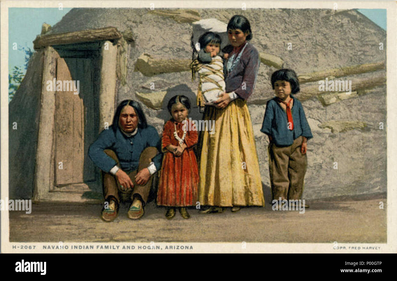 Navaho Indian Family and Hogan, Arizona. Fred Harvey series Stock Photo ...