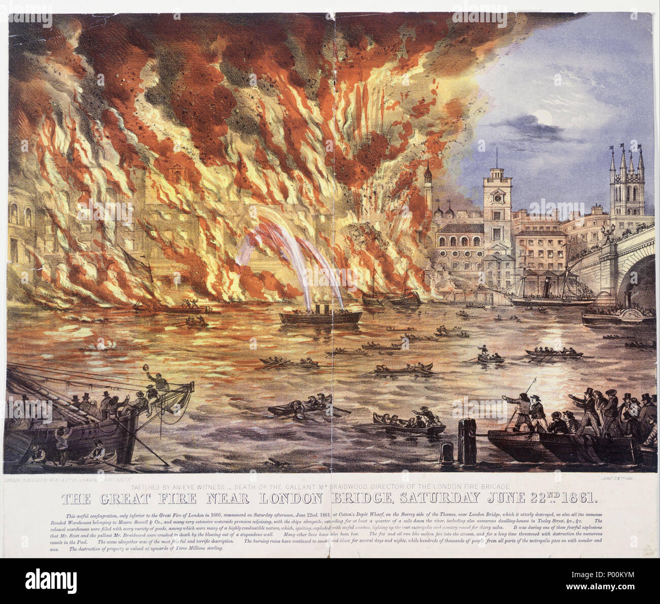 Coloured lithograph the great fire near london bridge hi-res stock ...