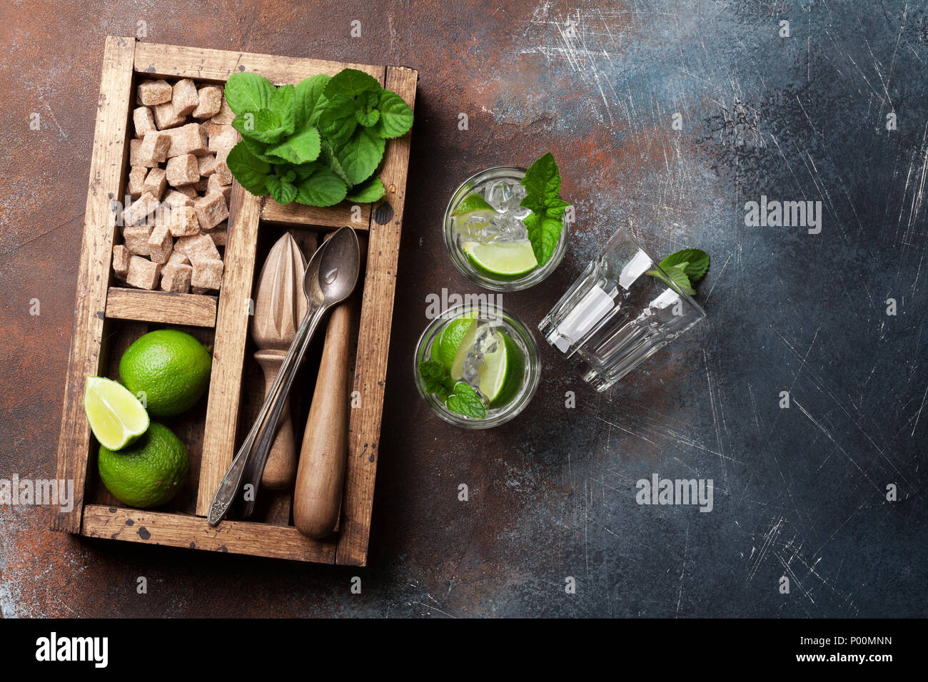 Mojito cocktail ingredients and bar accessories box. Top view with copy ...