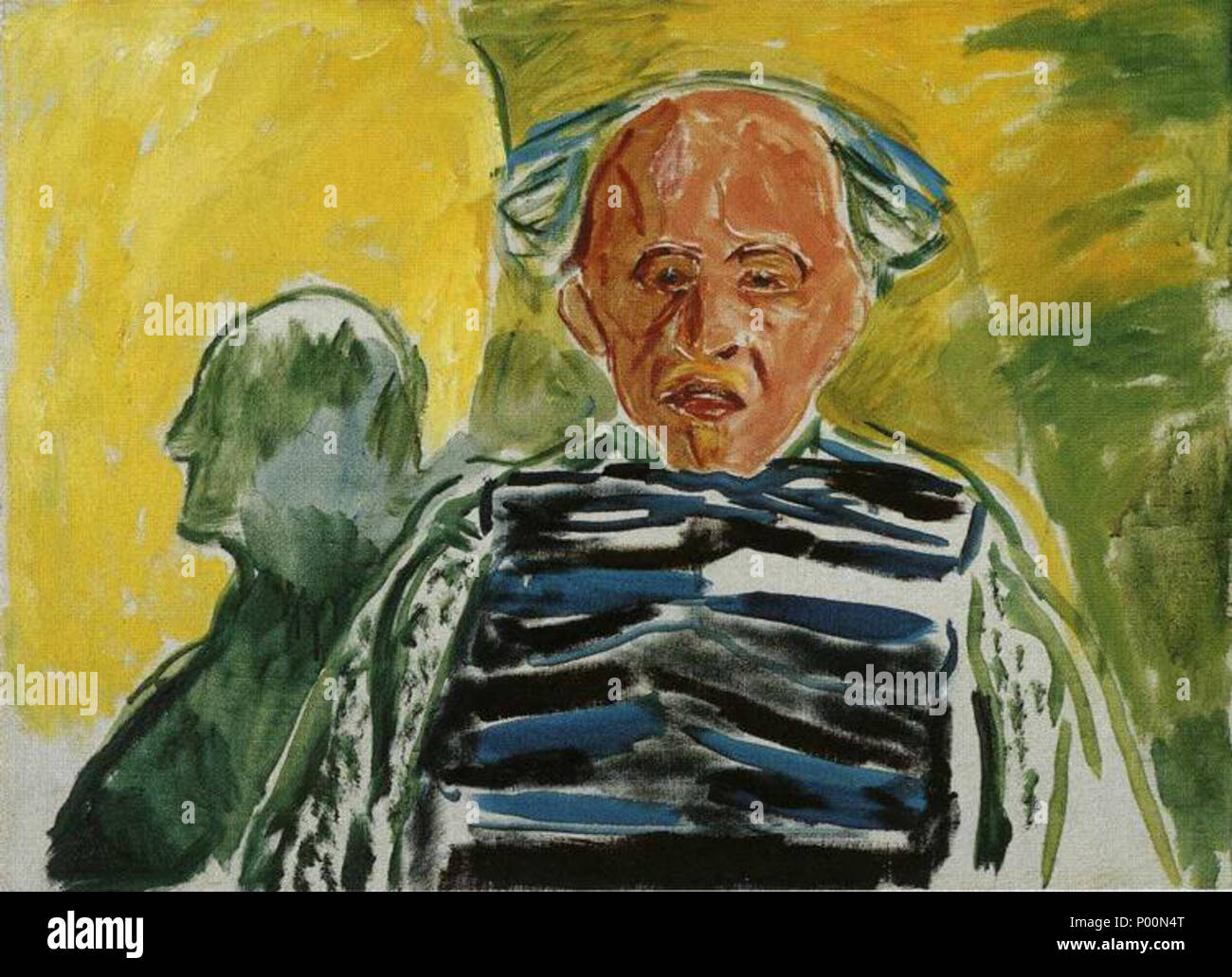 . English: Edvard Munch's self-portrait wearing a striped pullover ...