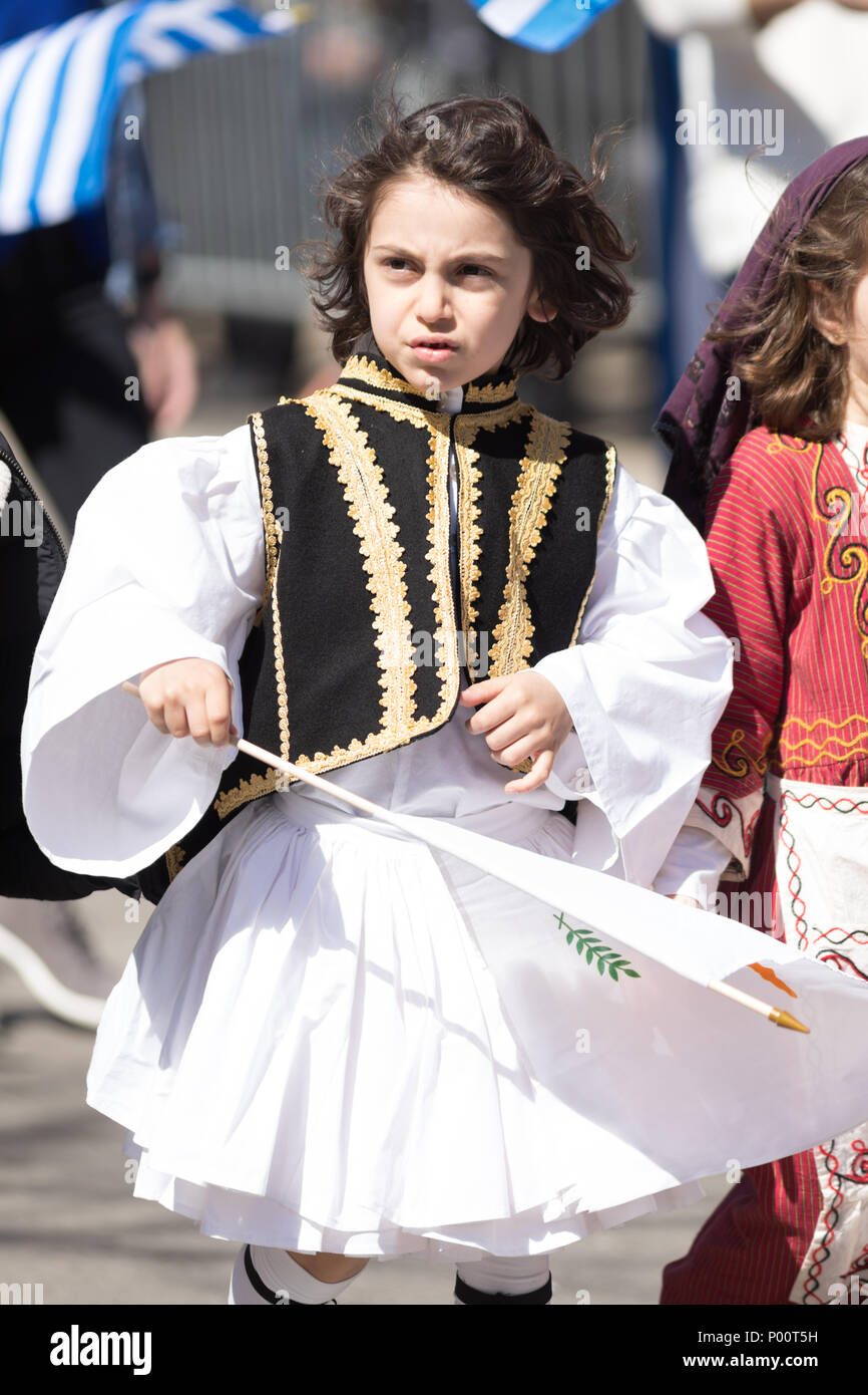 Chicago, Illinois, USA - April 29, 2018 Greek Child wearing traditional ...