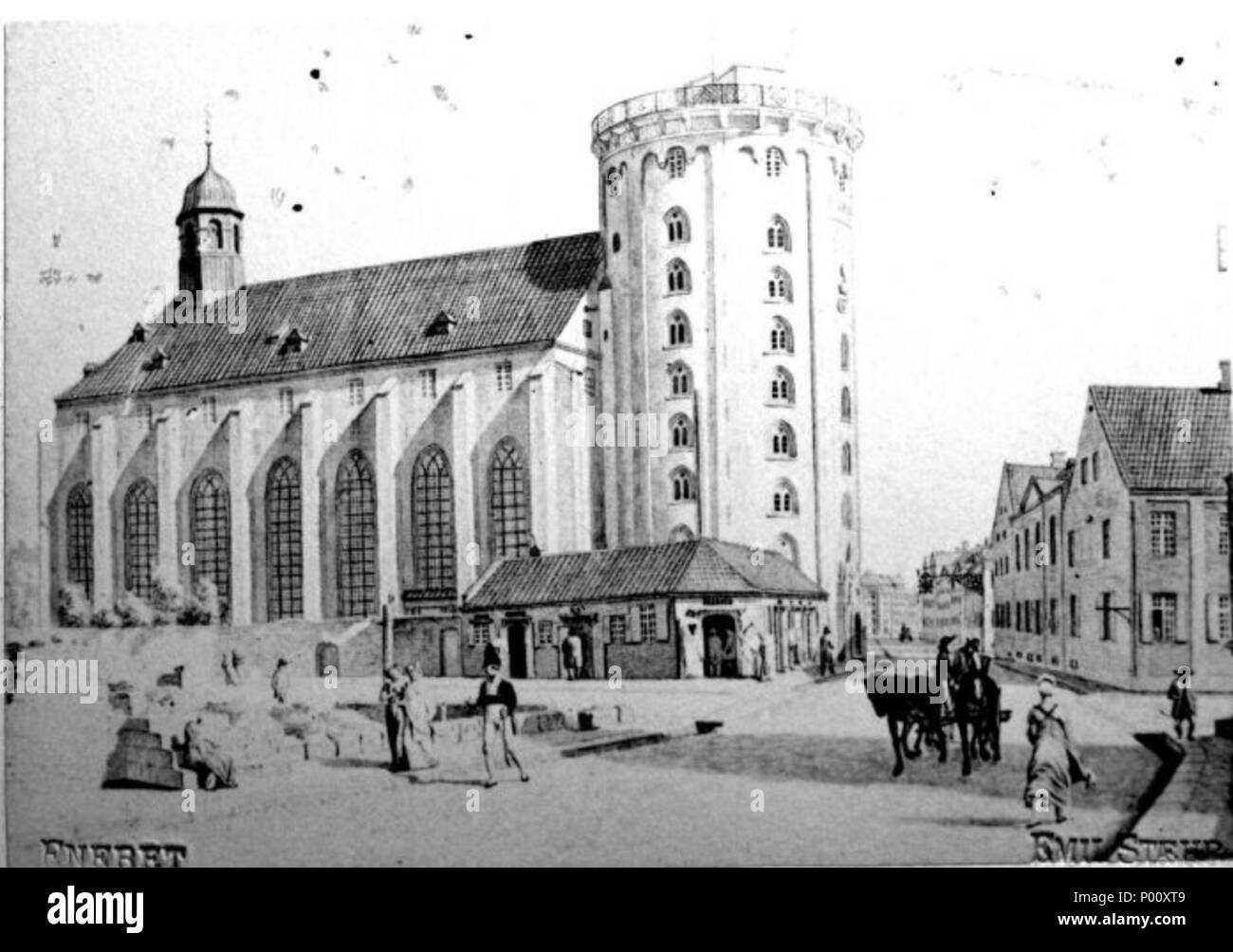. English: Trinitatis Kirke with the small shops along Landemærket in ...
