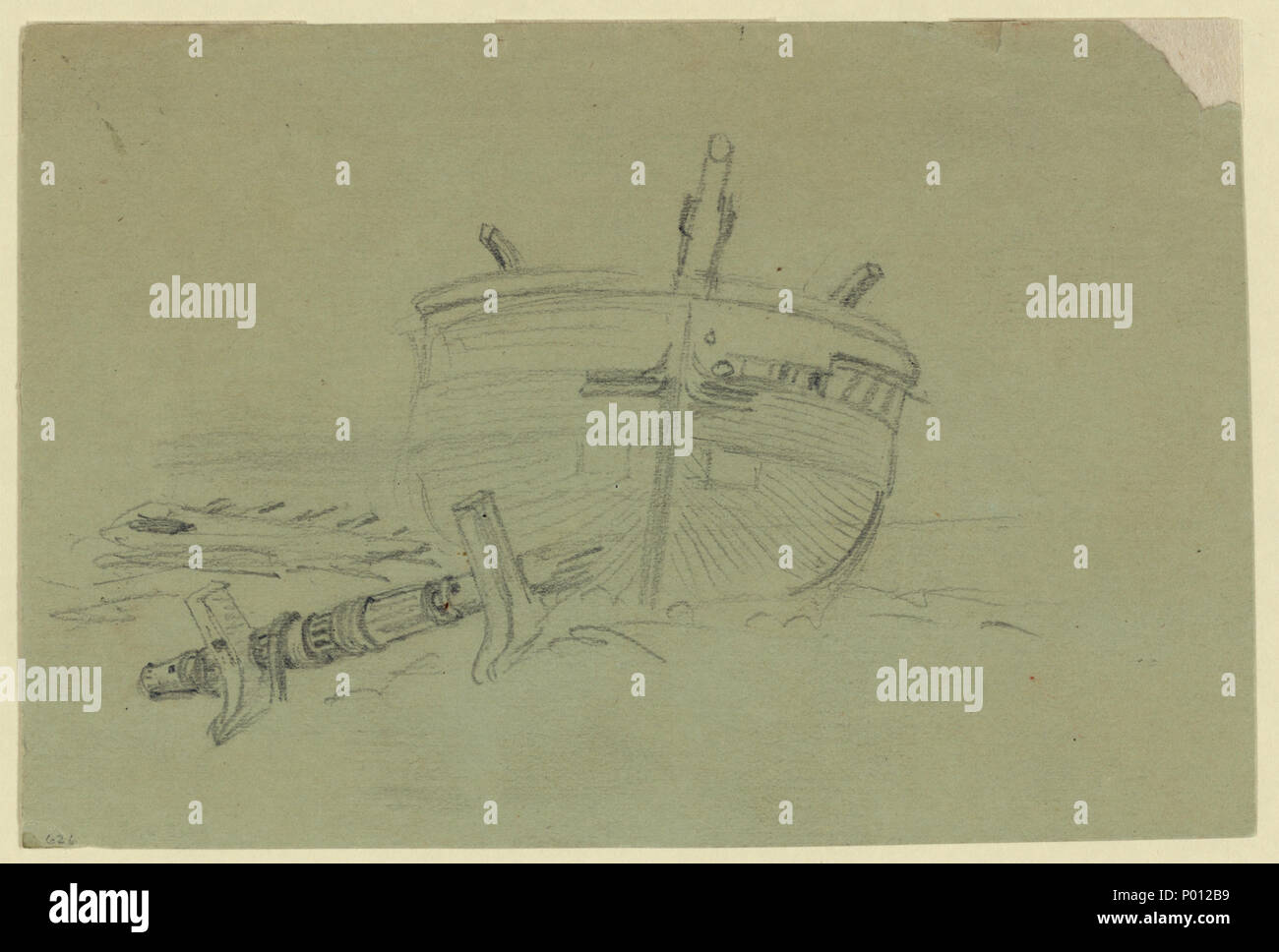 . English: Title: A wrecked boat Abstract/medium: 1 drawing on olive ...