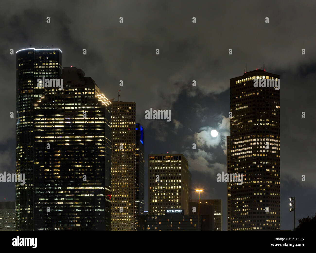 Houston downtown skylines supermoon Stock Photo - Alamy