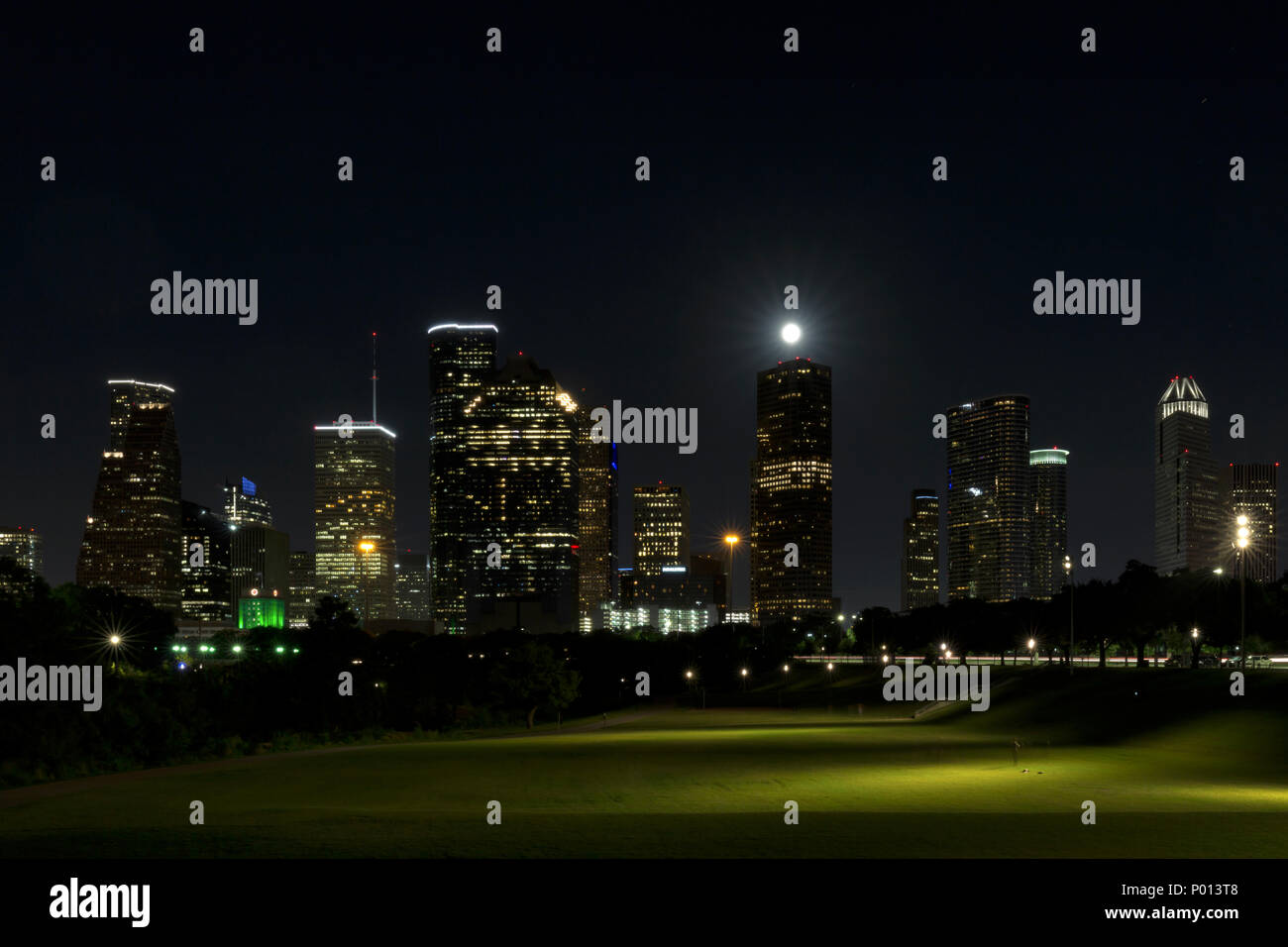 Houston downtown skylines supermoon Stock Photo - Alamy