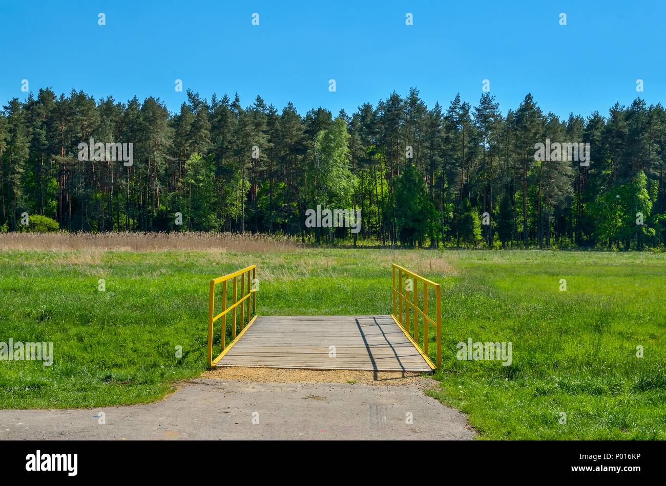 Rural spring landscape. Bridge over a small river in a clearing Stock ...