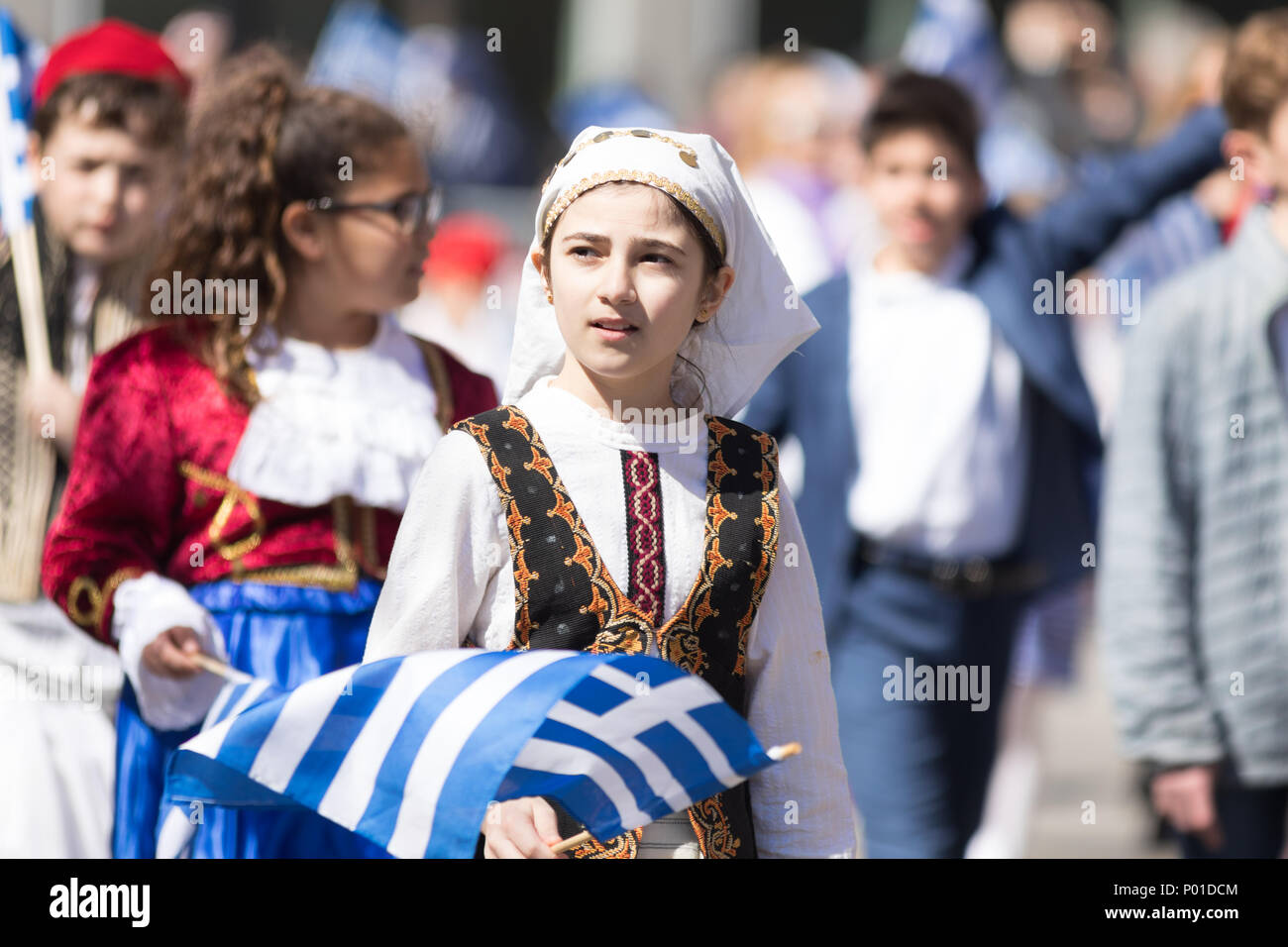 Chicago, Illinois, USA - April 29, 2018 Greek Children wearing ...