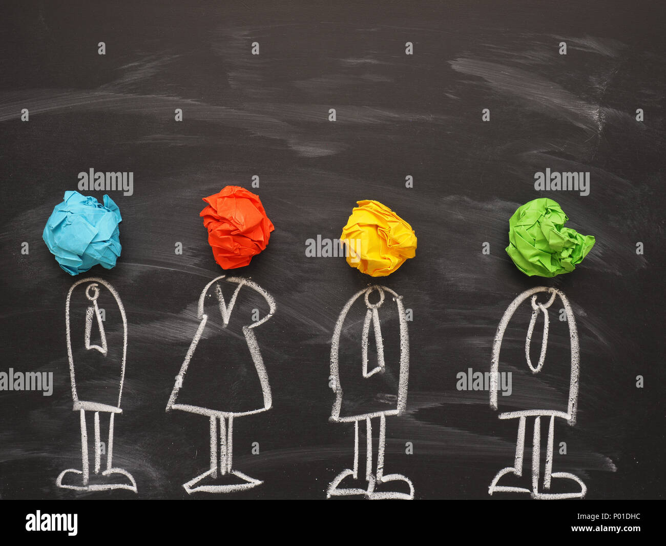 Teamwork, four handdrawn business character with crumpled paper, strong ...