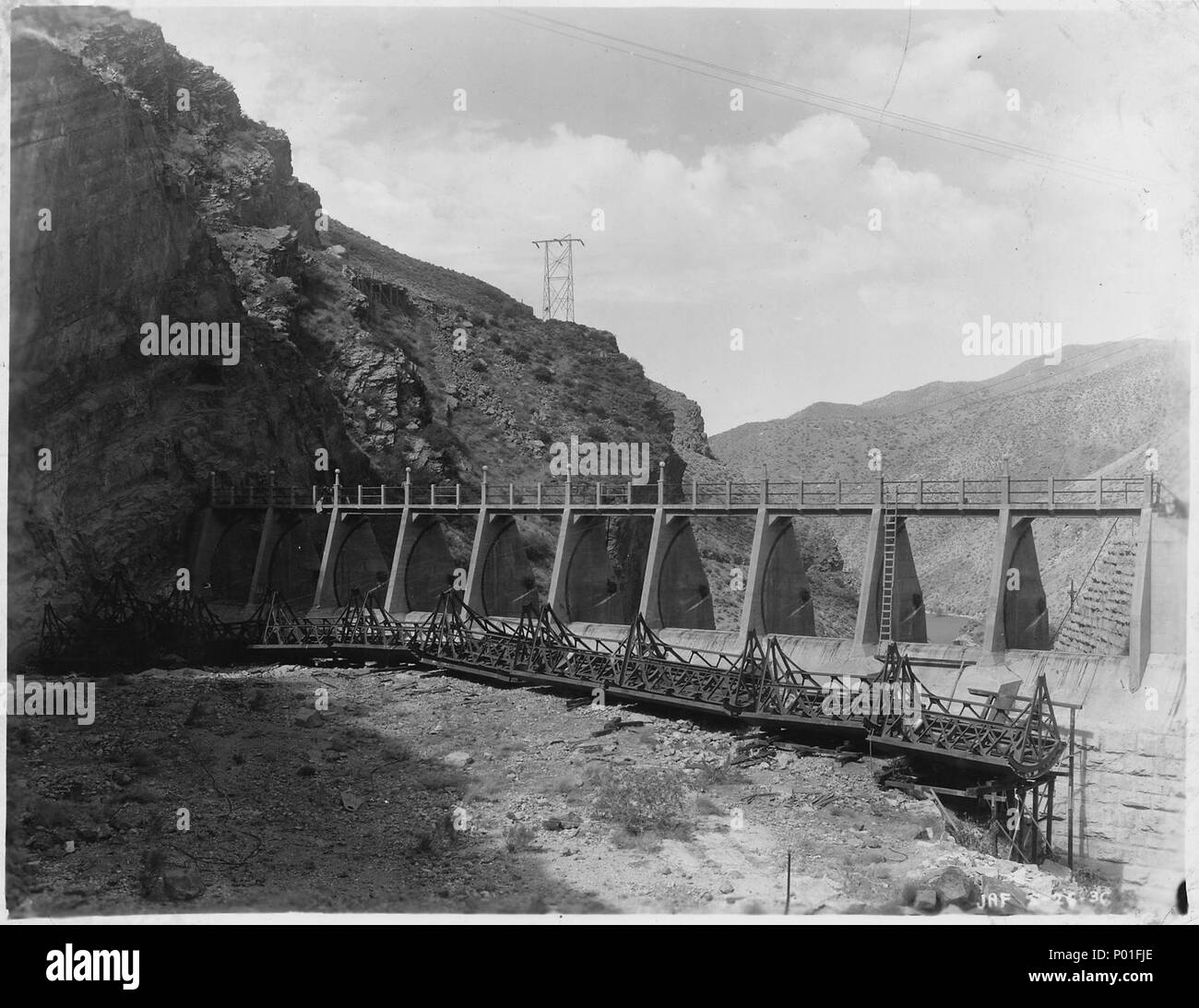 Roosevelt Dam. General view of south spillway, looking downstream Stock ...