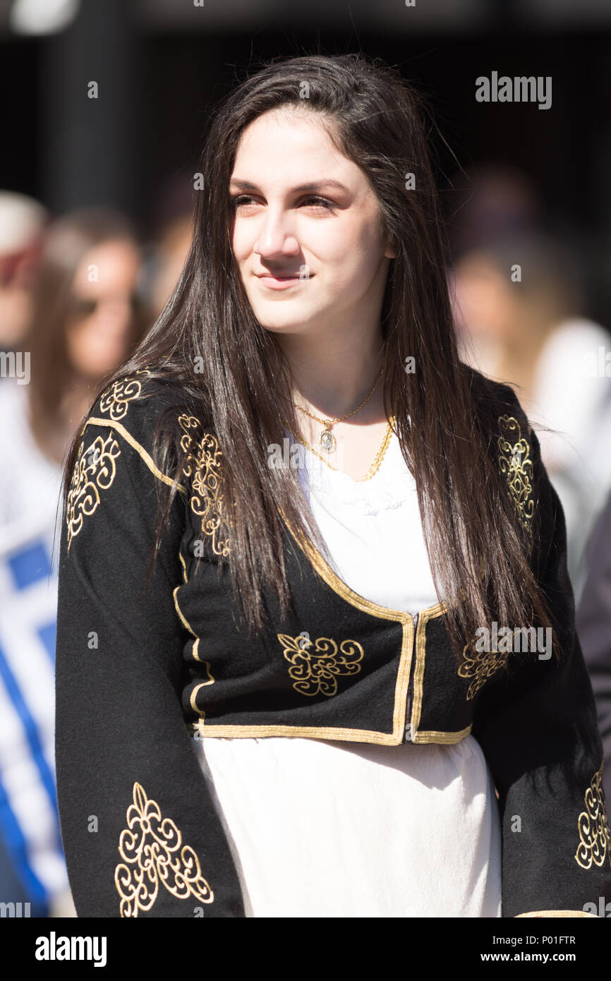Chicago, Illinois, USA - April 29, 2018 Greek woman wearing traditional ...