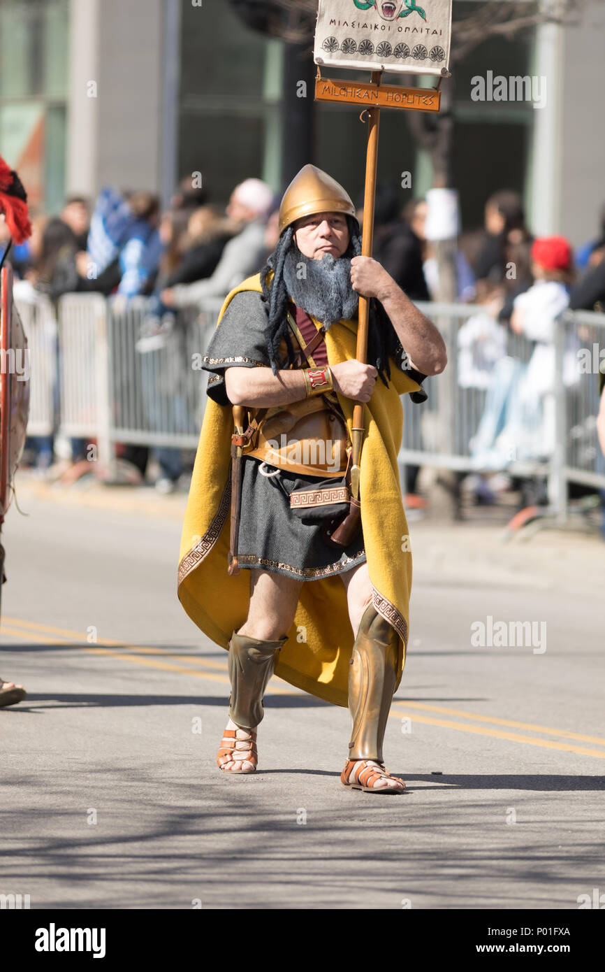Chicago, Illinois, USA - April 29, 2018 Greek man dress up as spartan ...