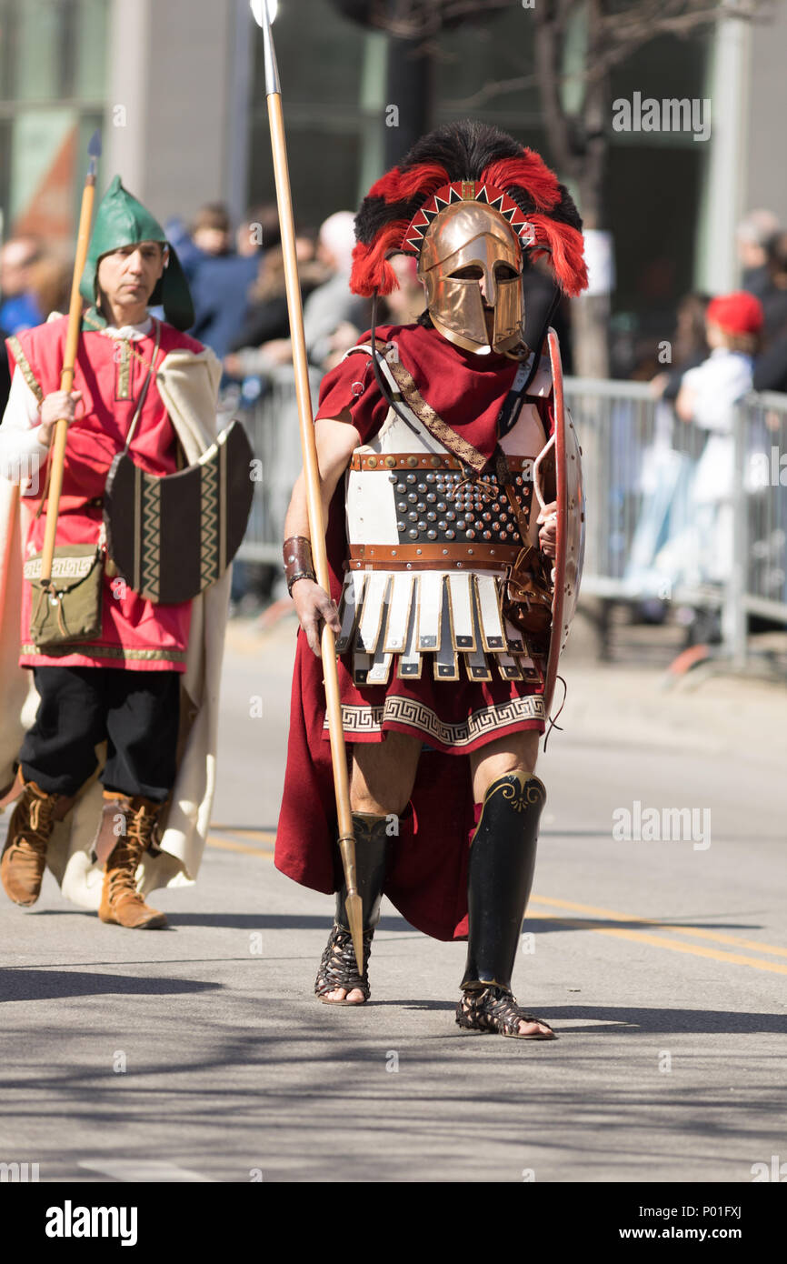 Chicago, Illinois, USA - April 29, 2018 Greek man dress up as spartan ...