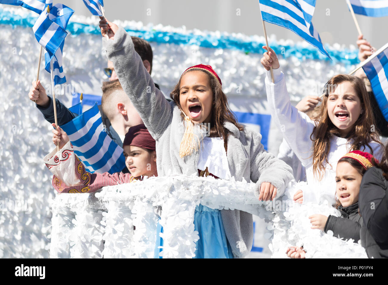 Chicago, Illinois, USA - April 29, 2018 Greek children wearing ...