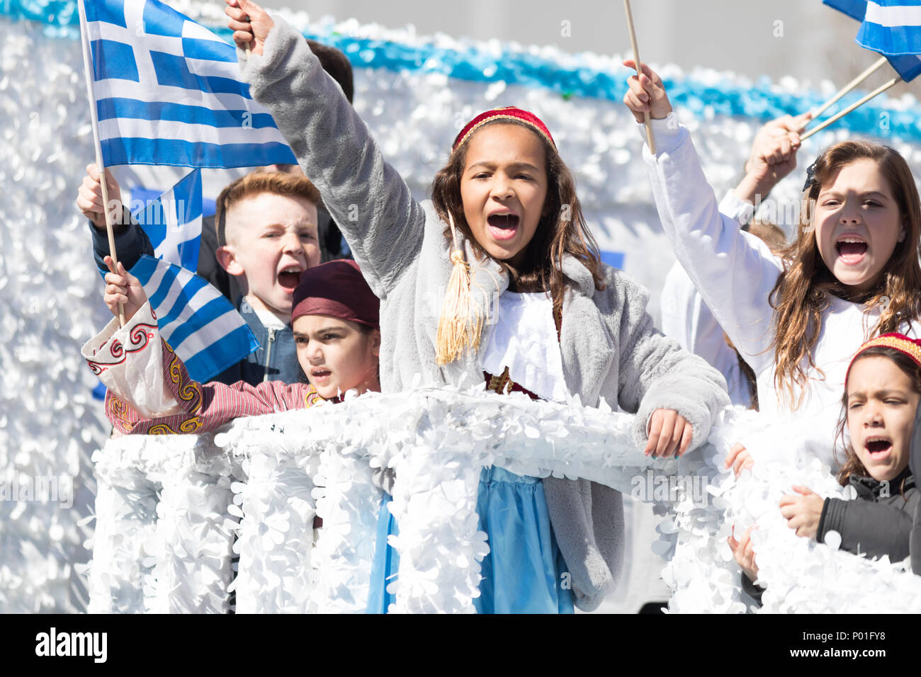Chicago, Illinois, USA - April 29, 2018 Greek children wearing ...