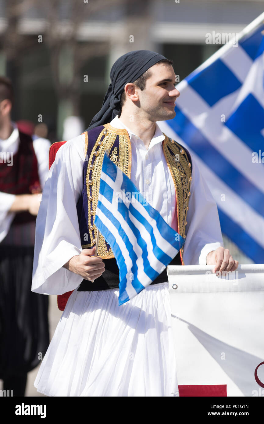 Chicago, Illinois, USA - April 29, 2018 Greek man wearing traditional ...