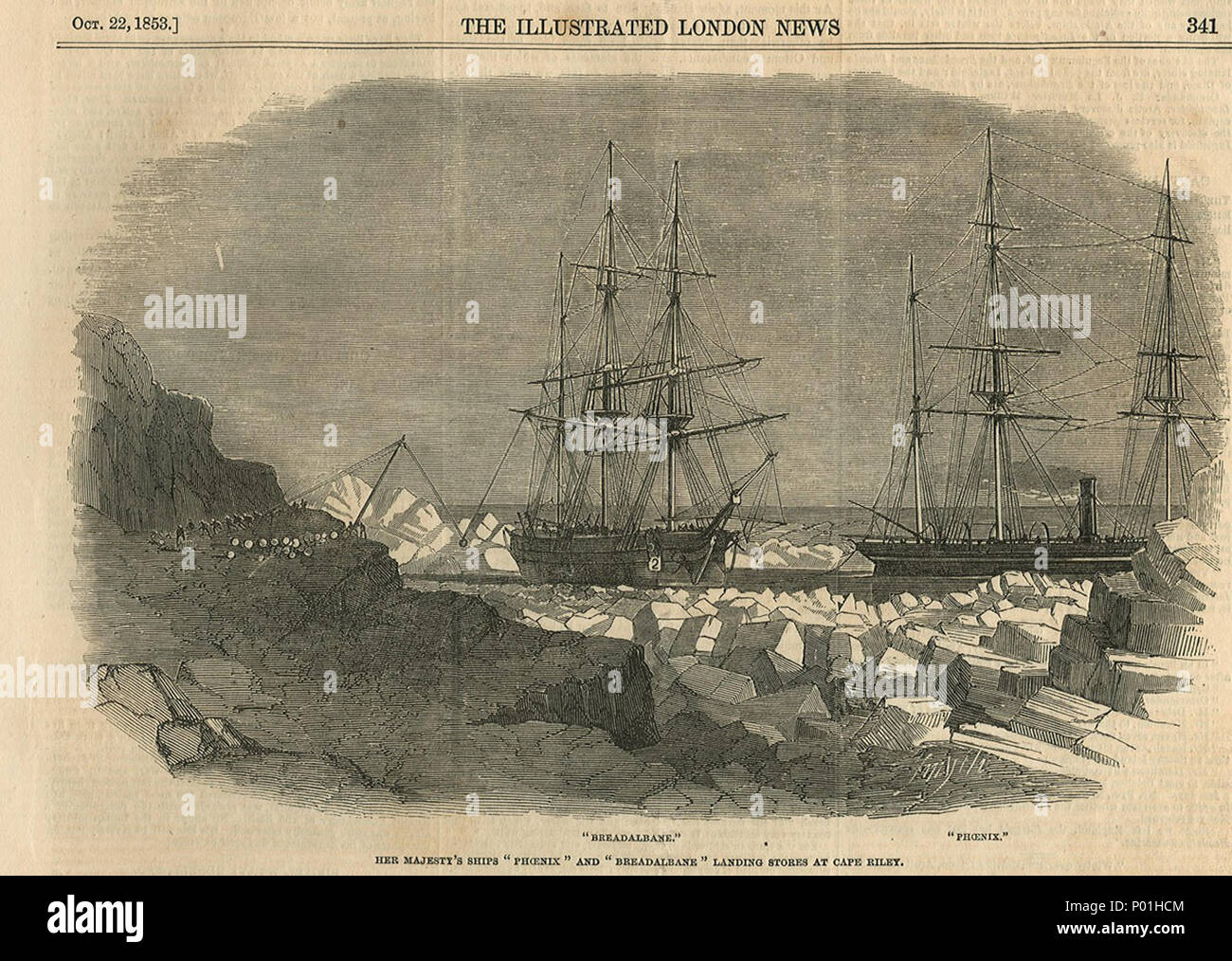 . English: Breadalbane and HMS Phoenix landing stores at Cape Riley ...