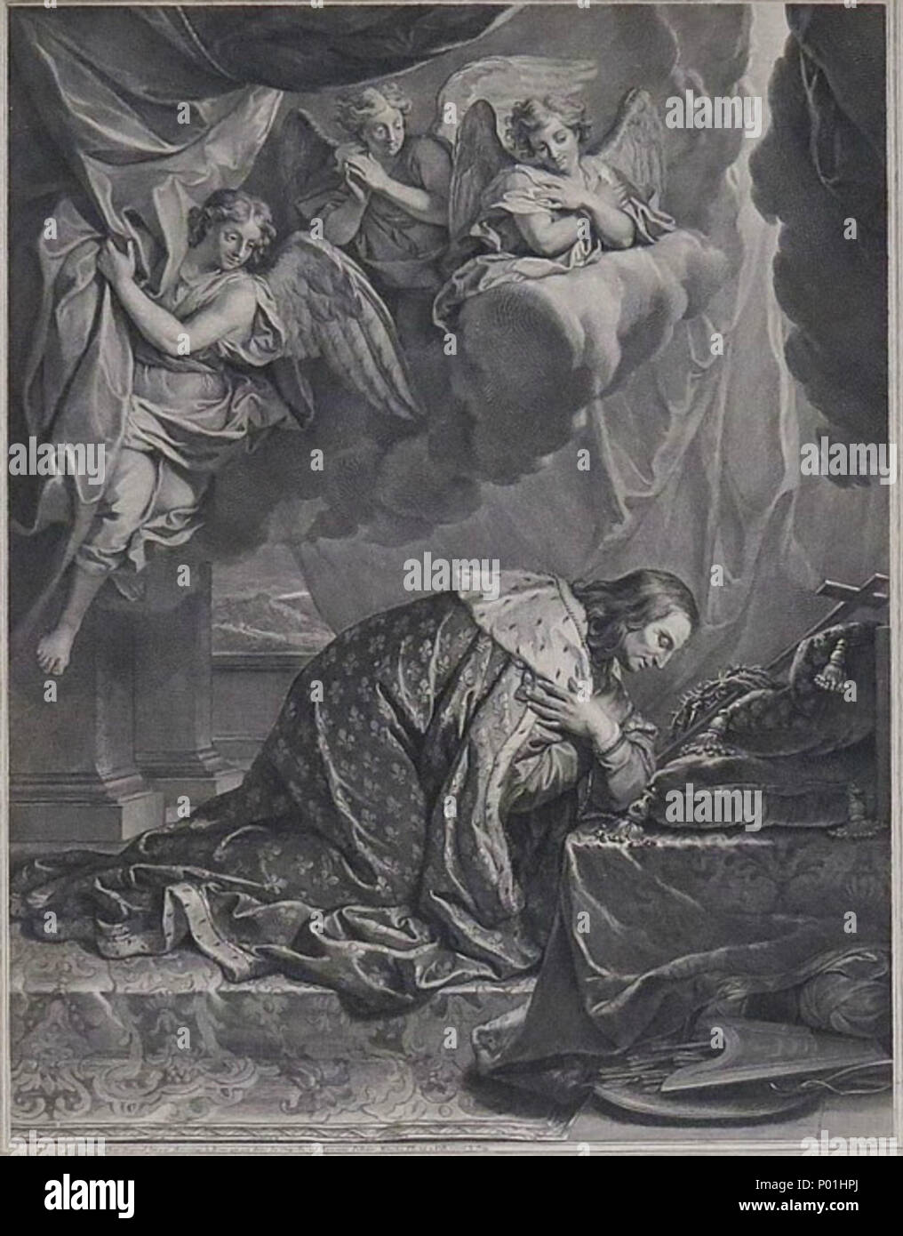 . English: St Louis praying below angels, a print from a copper-plate ...